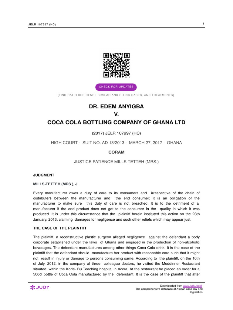 Dr. Edem Anyigba v. Coca Cola Bottling Company of Ghana LTD | PDF | Negligence | Duty Of Care