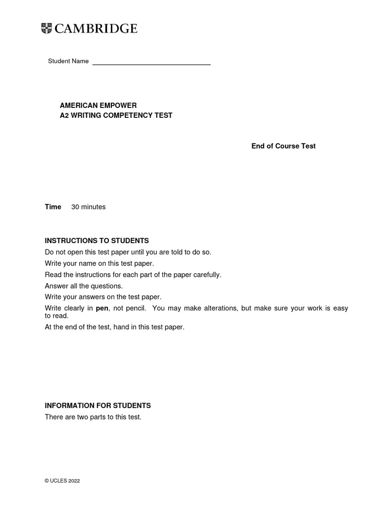 American Empower A2 End of Course Competency Writing Test | PDF