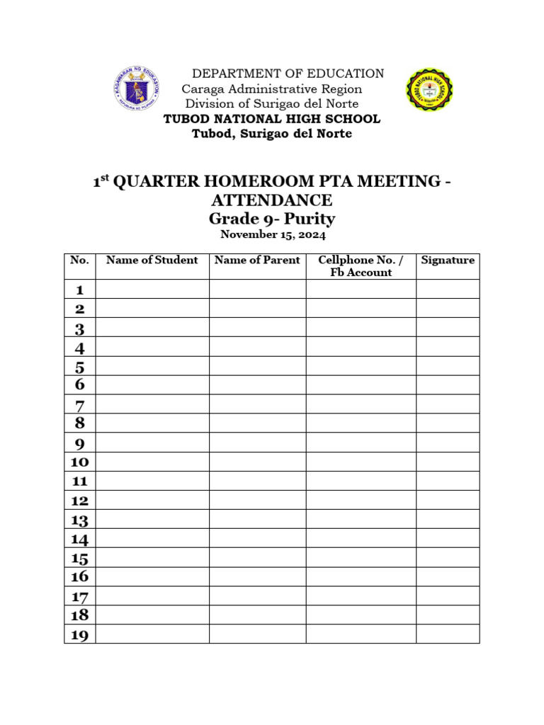Attendance Sheet-Homeroom Pta Meeting | PDF