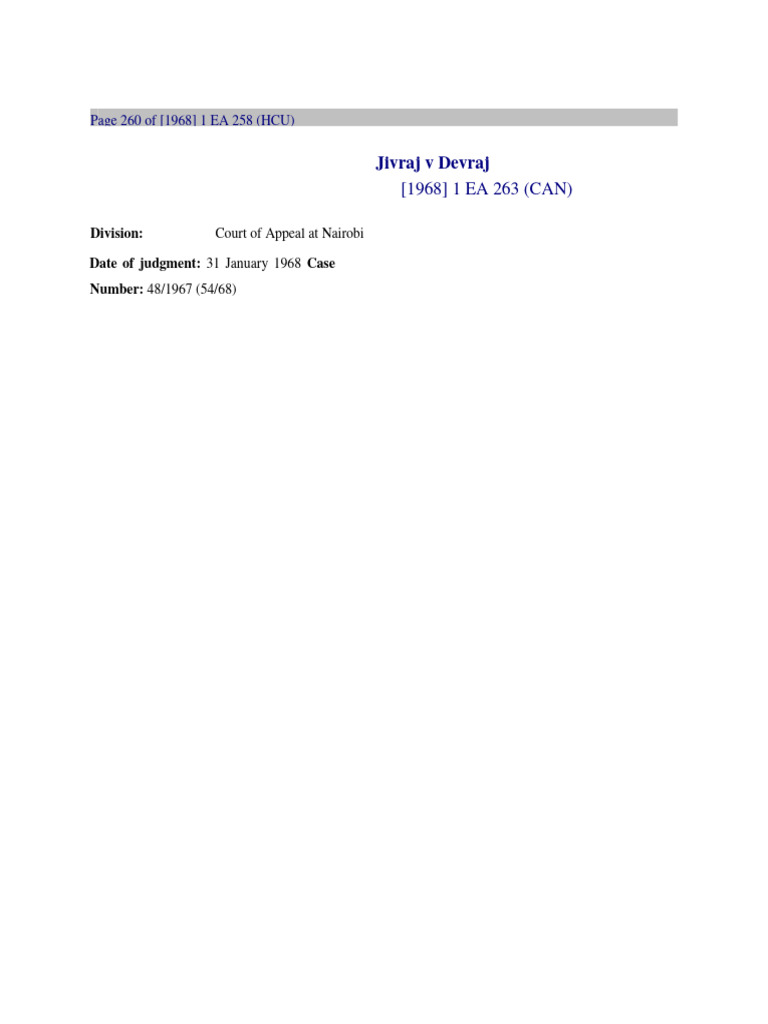 Jivraj VS Devraj (1968) E.A 263 | PDF | Lawsuit | Judgment (Law)