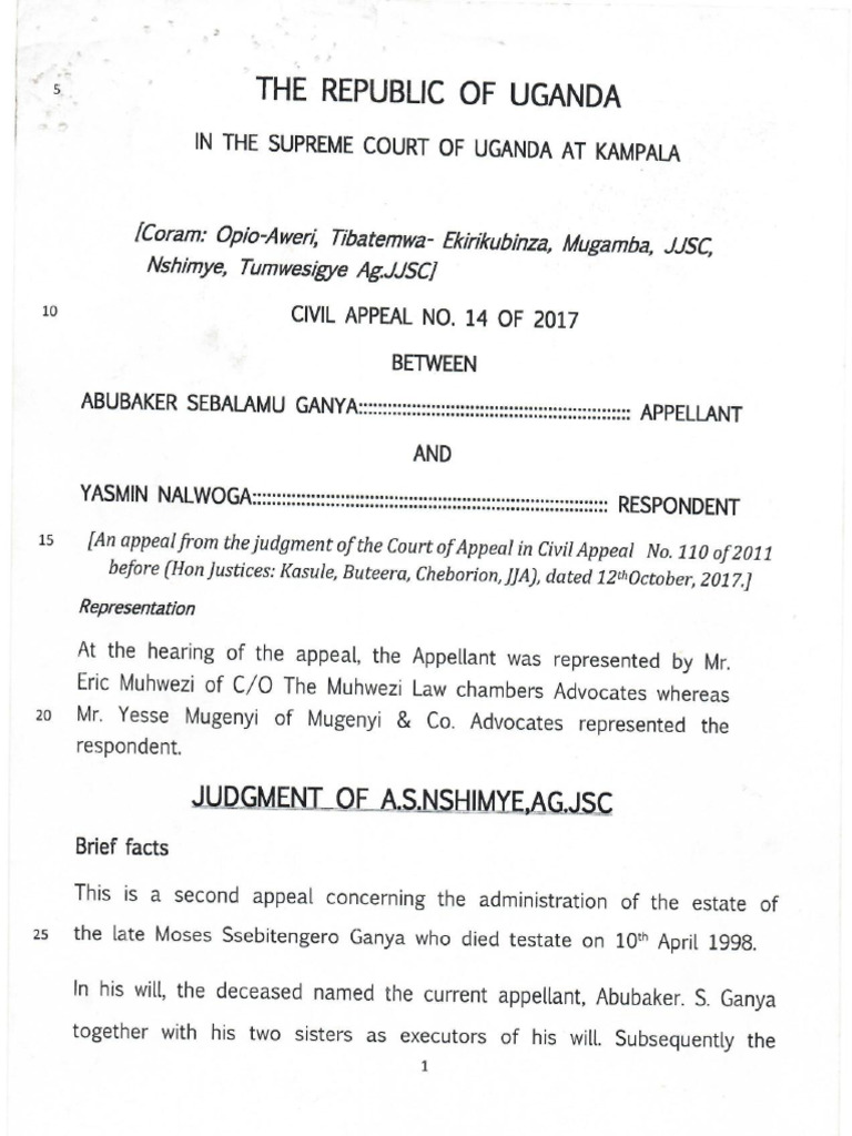 Sebalamu V Nalwoga (Civil Appeal No 14 of 2017) 2018 UGSC 54 (17 ...