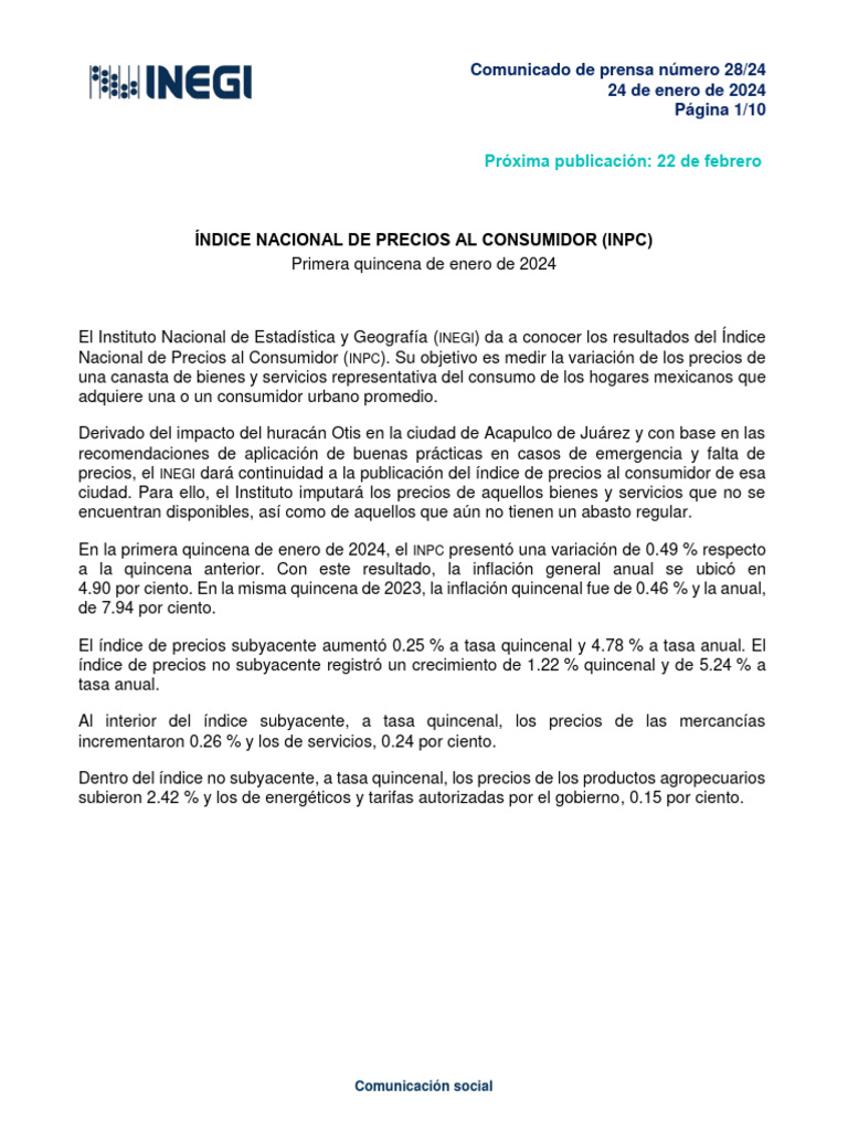 INPC Enero 2024: Inflación Anual 4.90% | PDF | Índice de precios al ...