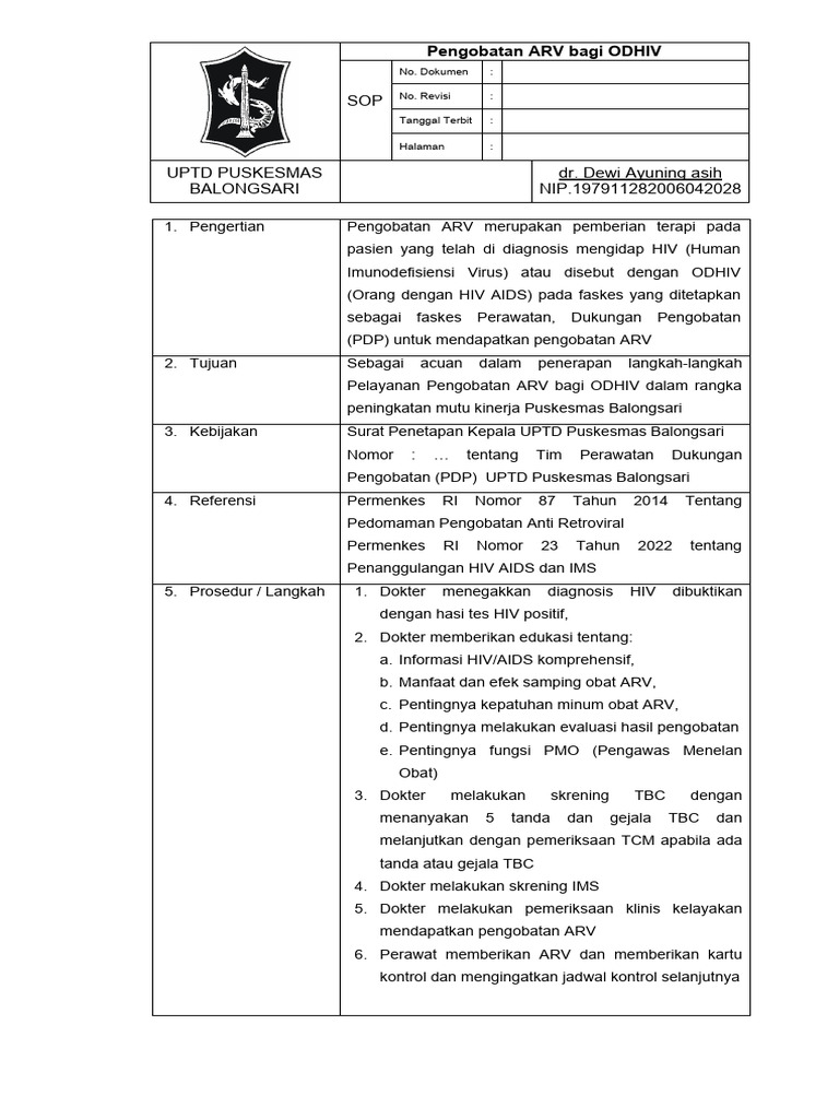 Sop Pelayanan Pengobatan Arv Bagi Odhiv 2022 | PDF