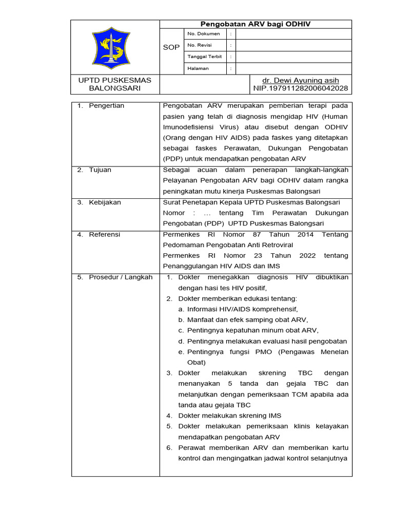 Sop Pelayanan Pengobatan Arv Bagi Odhiv 2022 | PDF | Pengembangan Diri