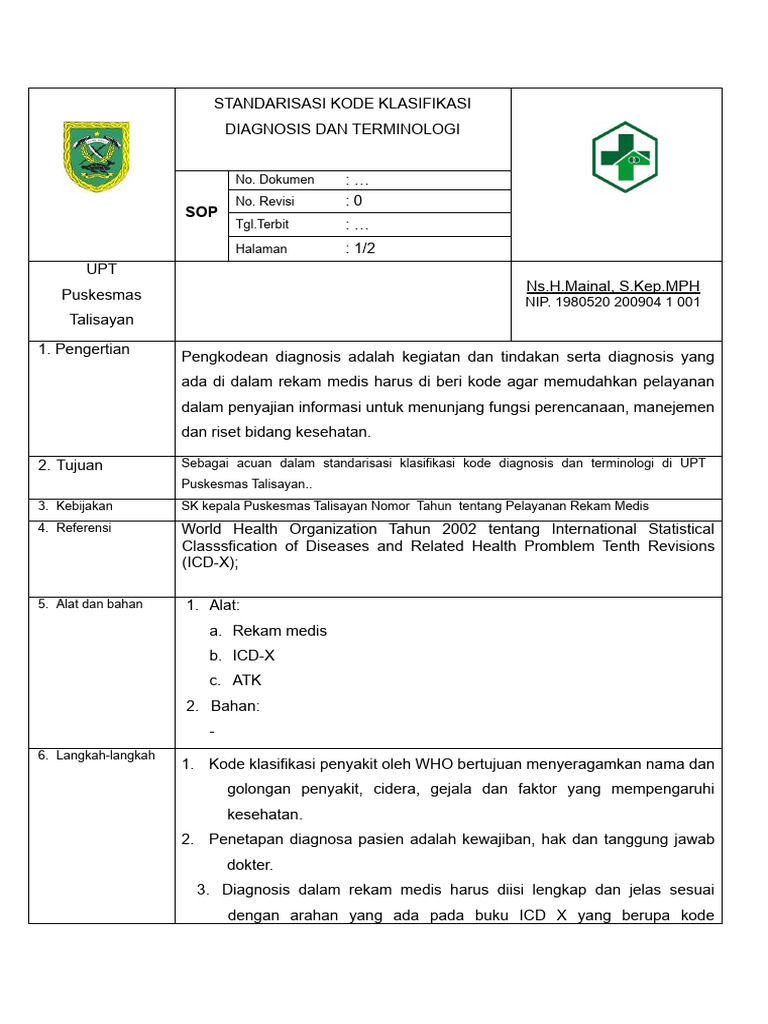 Sop Klasifikasi Kode Diagnosis Dan Terminologi | PDF