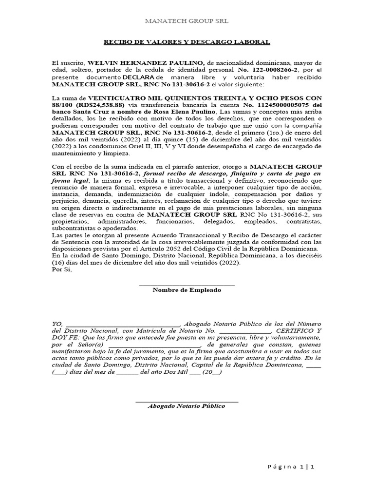 Recibo de Descargo Laboral Manatech | PDF