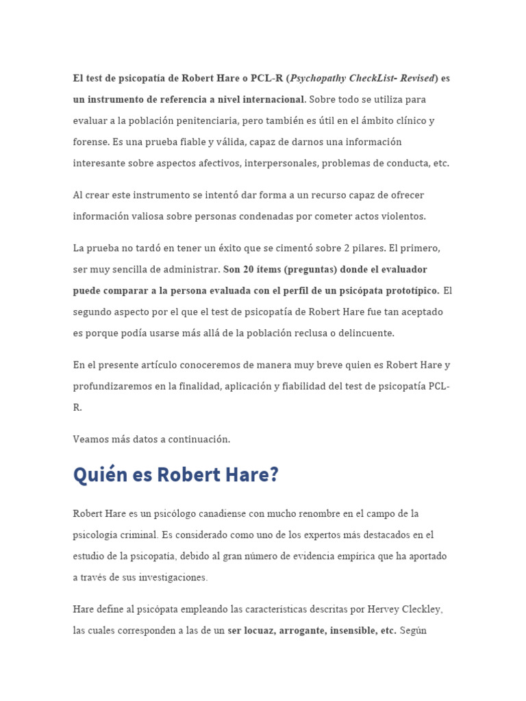 El Test de Psicopatía de Robert Hare o PCL | PDF | Psicopatía ...