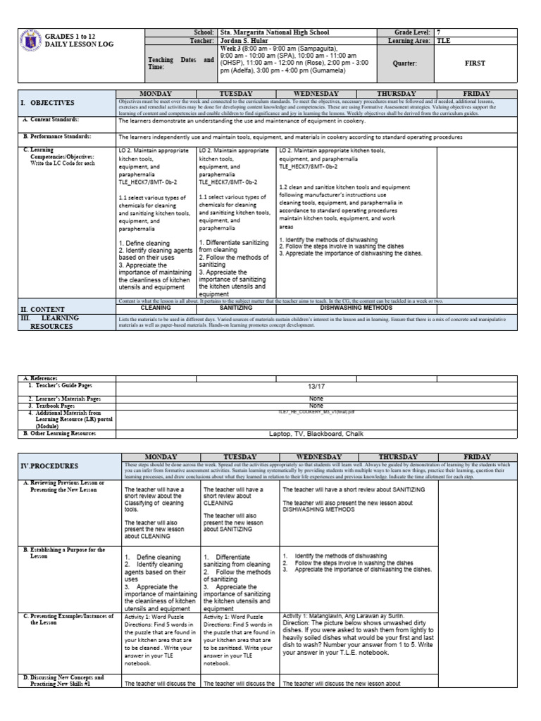 TLE Lesson Plan: Kitchen Cleaning Skills | PDF | Learning | Cognitive ...