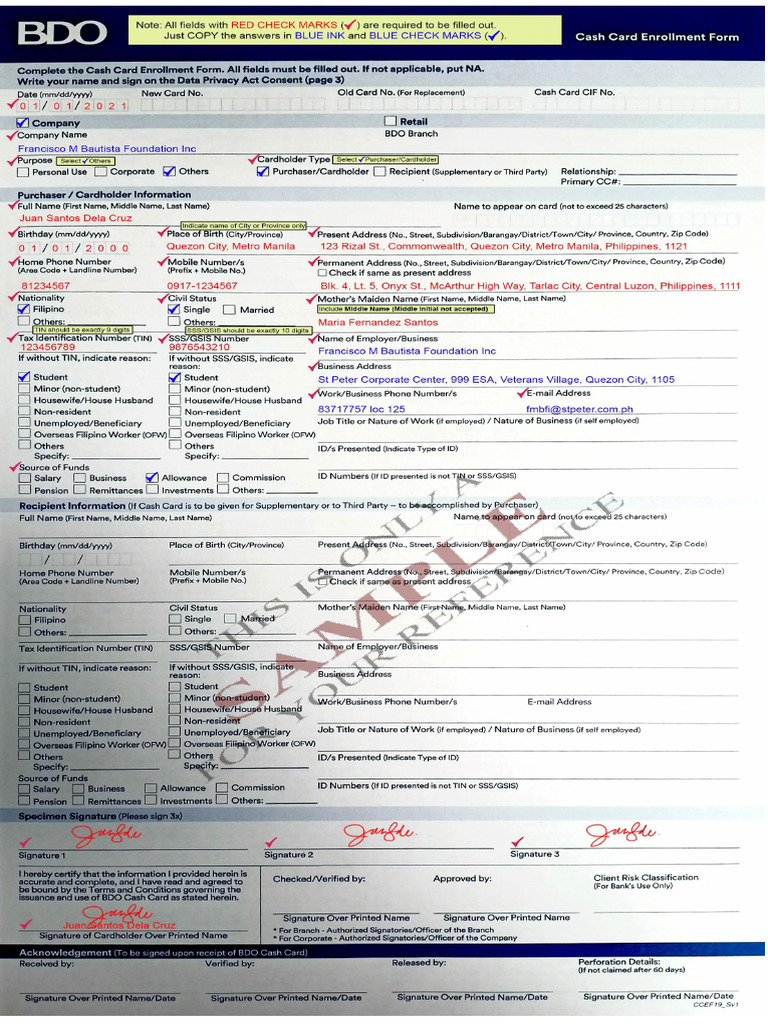 CASH CARD ENROLLMENT FORM SAMPLE (1) | PDF
