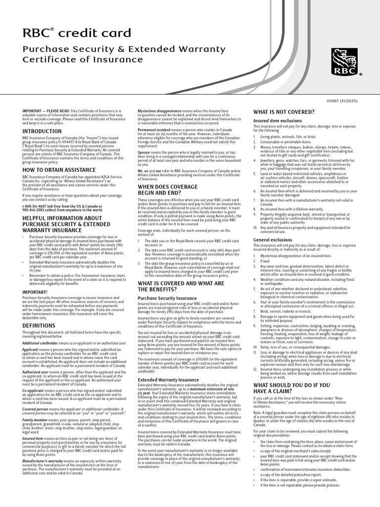 RBC Ion Visa Certificate of Insurance | PDF | Insurance | Credit Card