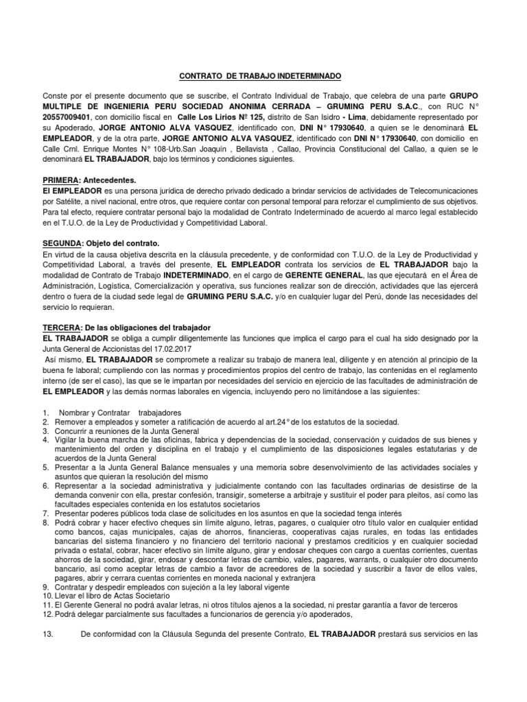 Contrato - Jorge Alva Vasquez | PDF | Derecho laboral | Pagaré