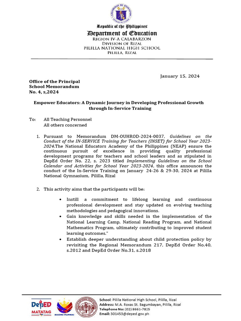 School Memo No.4s.2024 Inset 2024 | Download Free PDF | Teachers | Pedagogy