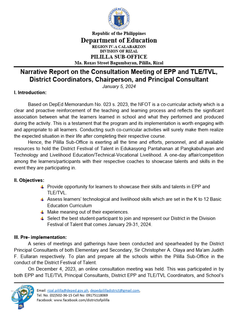 Narrative Report On Consultation Meeting of EPP and TLETVL District Coor | PDF