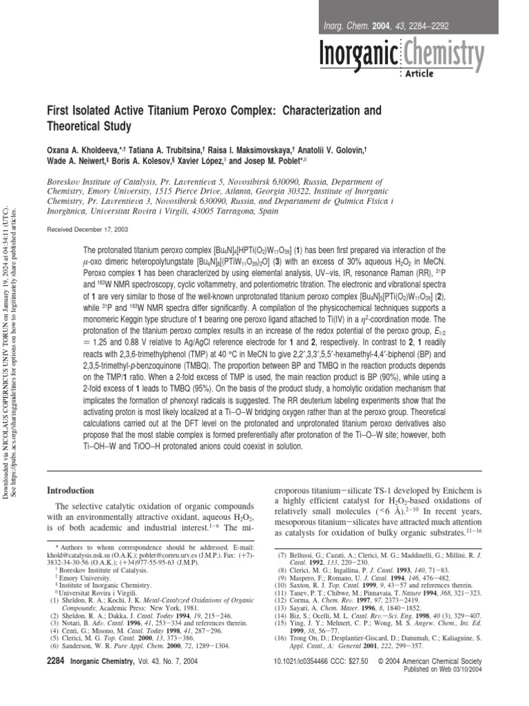 First Isolated Active Titanium Peroxo-Complex Characterization and ...