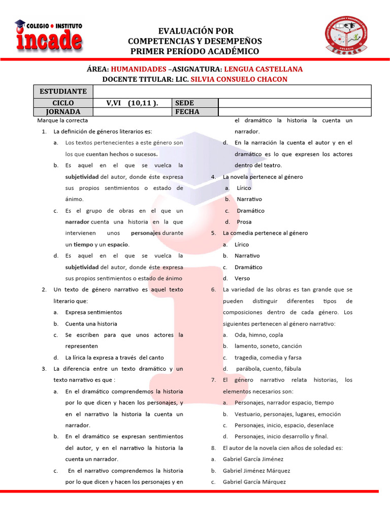 Exámenes Décimo y Once | PDF | Narración