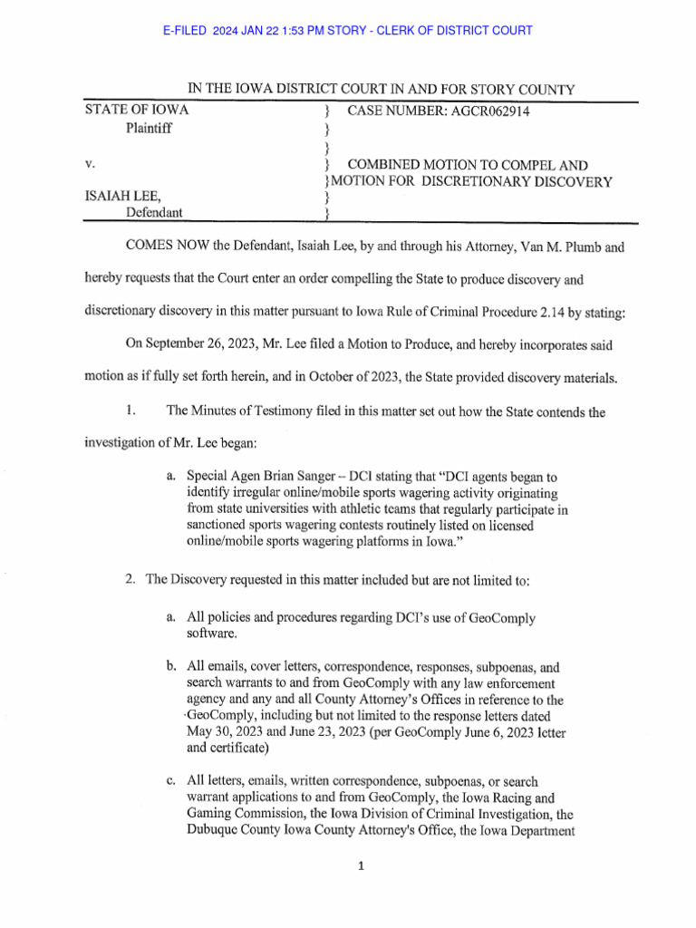 Isaiah Lee Combined Motion To Compel & Motion For Discretionary Discovery | PDF