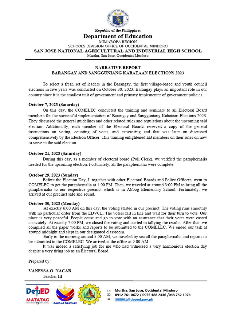 Narrative Report Bske 2023 | PDF | Voting | Political Corruption