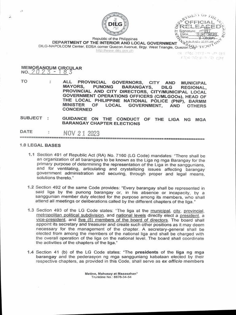 001 Memorandum Circular Re Guidance On The Conduct of The Liga NG Mga ...