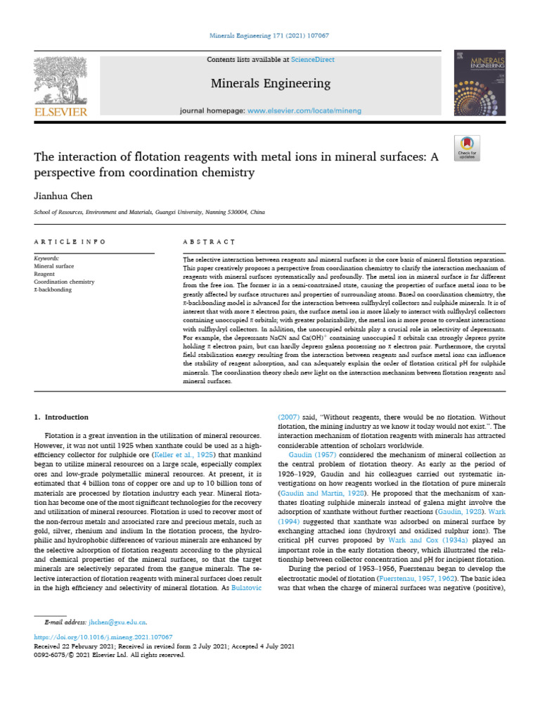 The Interaction of Flotation Reagents With Metal Ions in Mineral ...