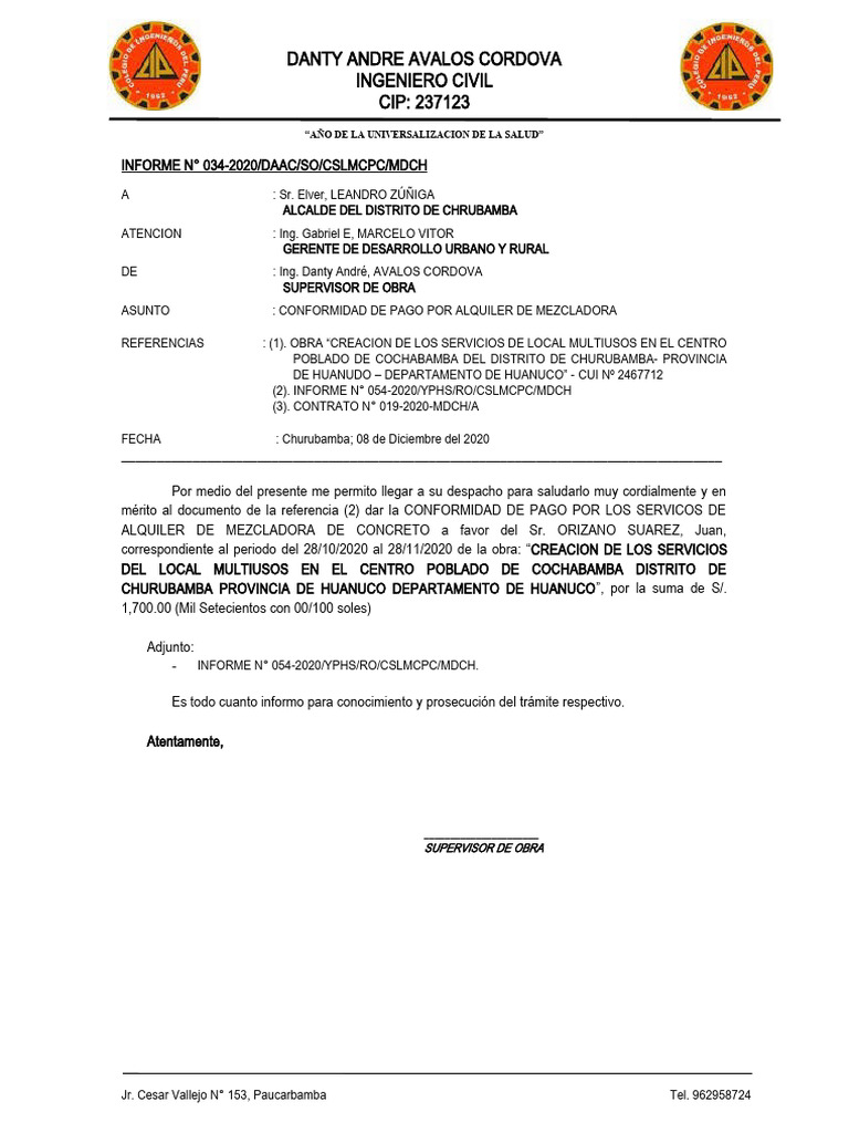 Informe #034 - Conformidad de Pago de Alquiler de Mezcladora | PDF