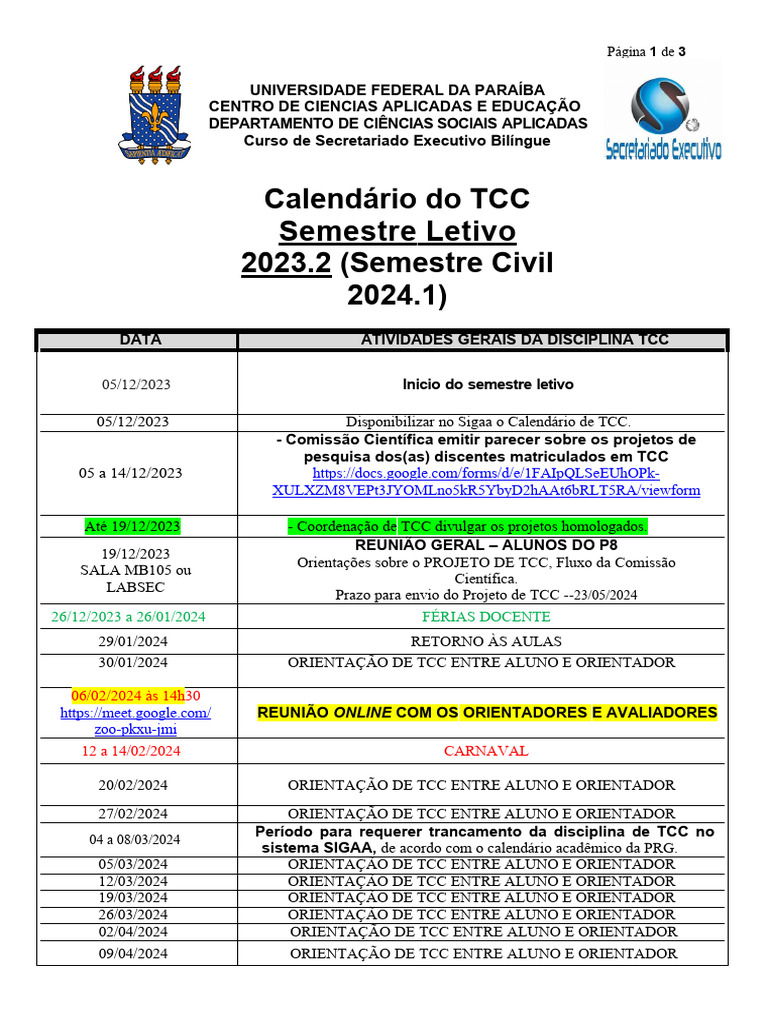 Calendrio de TCC - 2023.2 2024.1 | PDF | Tecnologia e Engenharia