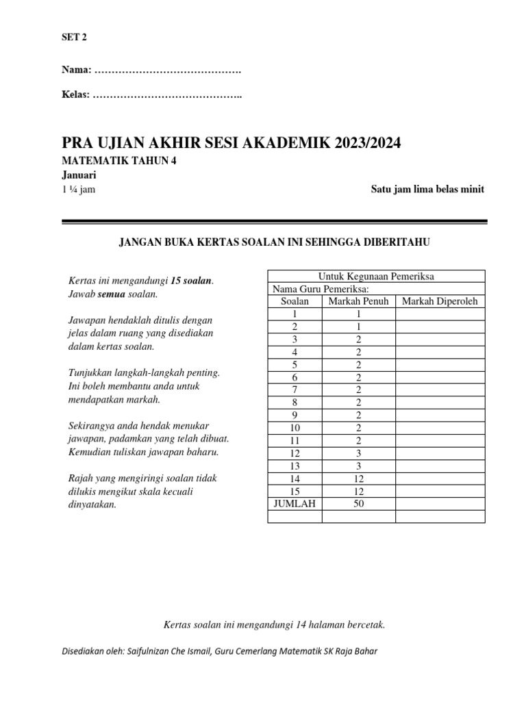 Set 1 Pra Uasa MT THN 4 20232024 1 | PDF