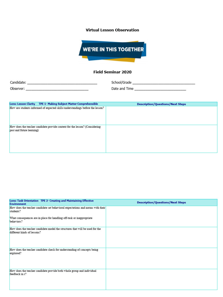 Classroom Observation Form | PDF
