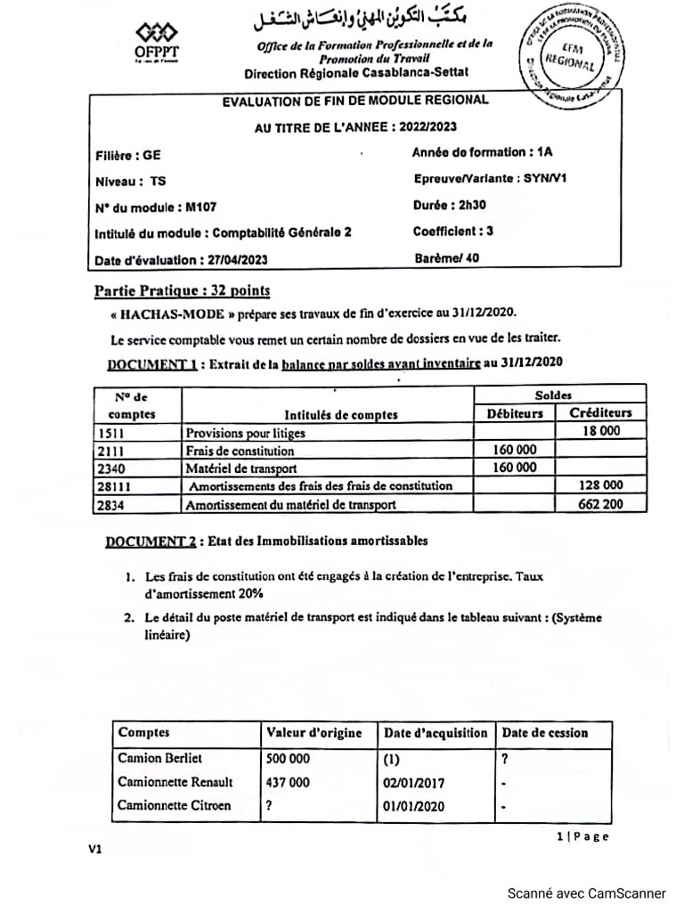 EFM. V1 de Compta Générale 2, Session D'avril-1 | PDF