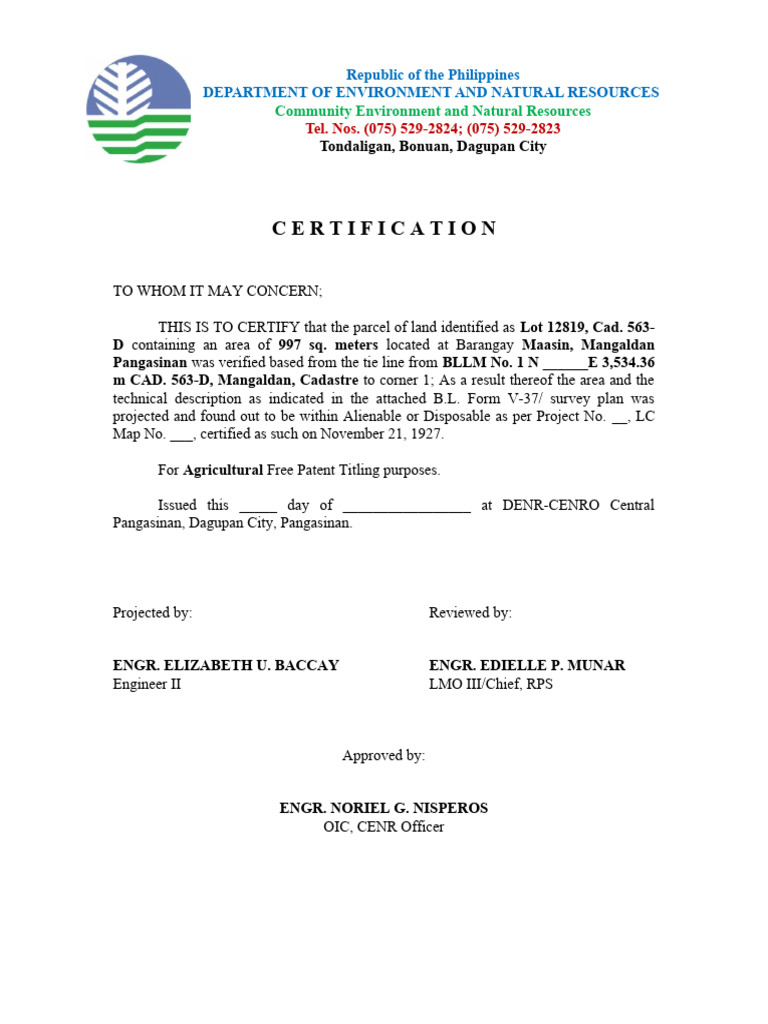 Certification: Republic of The Philippines Department of Environment ...