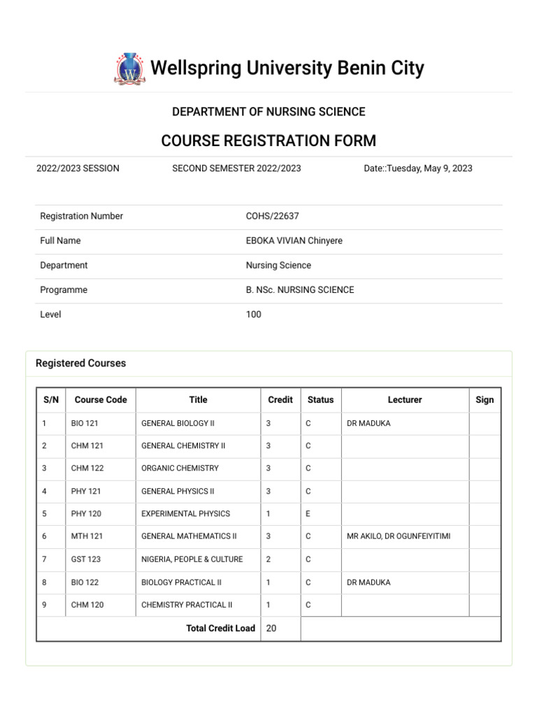 Course Registration Print-Out - Wellspring University Benin City | PDF