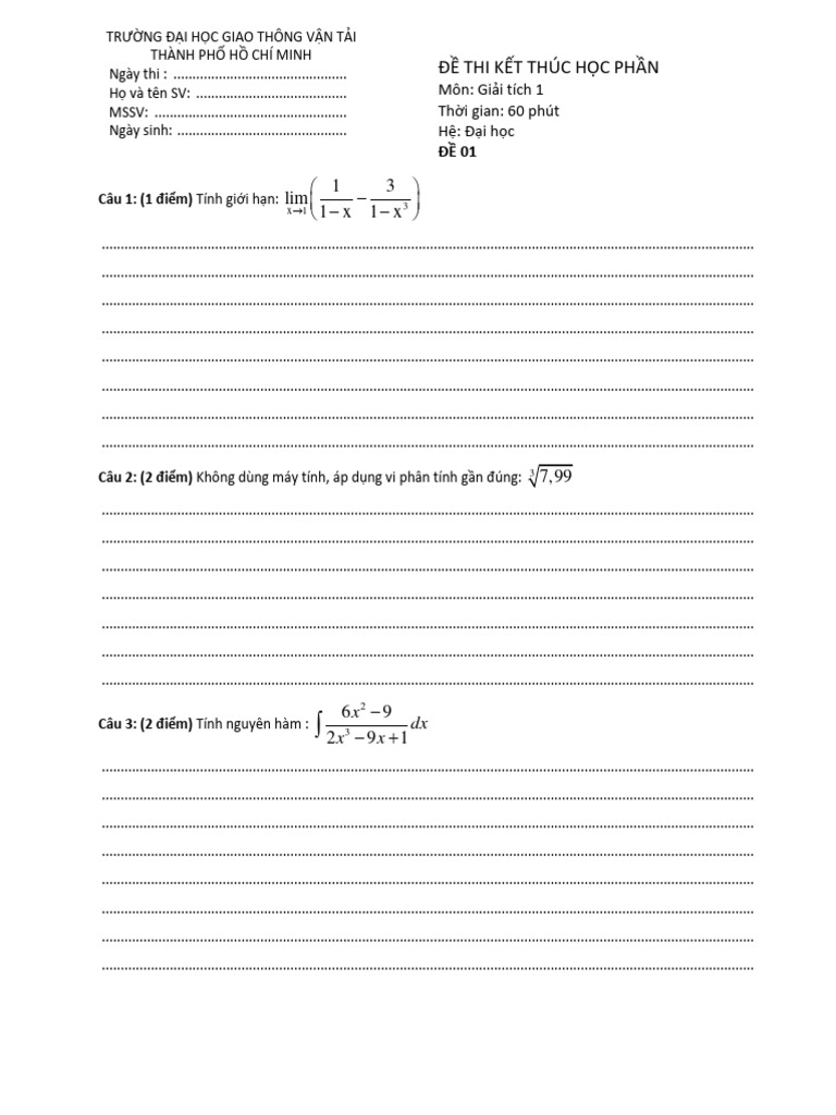 ĐỀ CUỐI KỲ - GIẢI - TÍCH - De1 | PDF