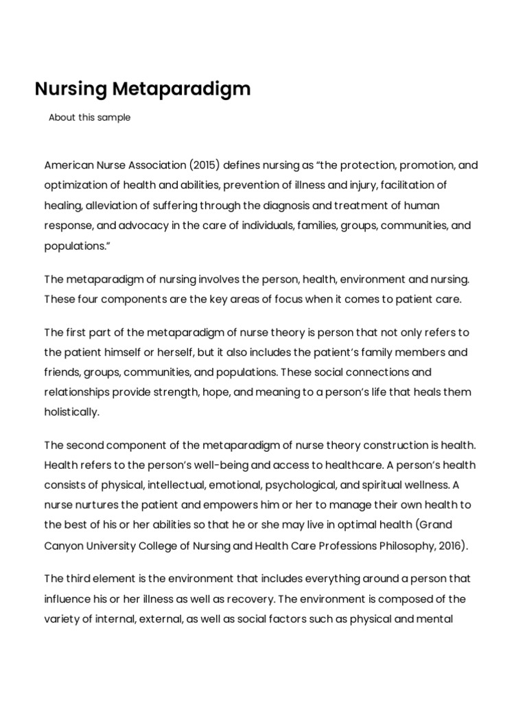 Nursing Metaparadigm - (Essay Example), 1629 Words GradesFixer | PDF | Nursing | Patient