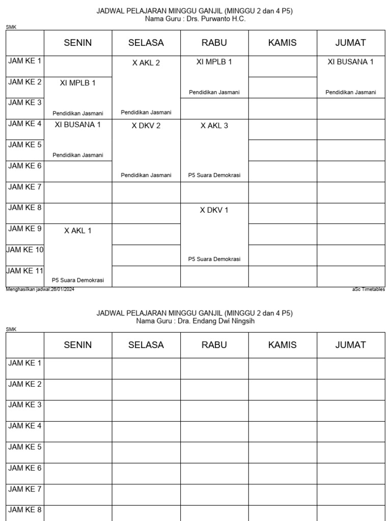 Jadwal Guru Minggu p5 Minggu 2 Dan 4 | PDF
