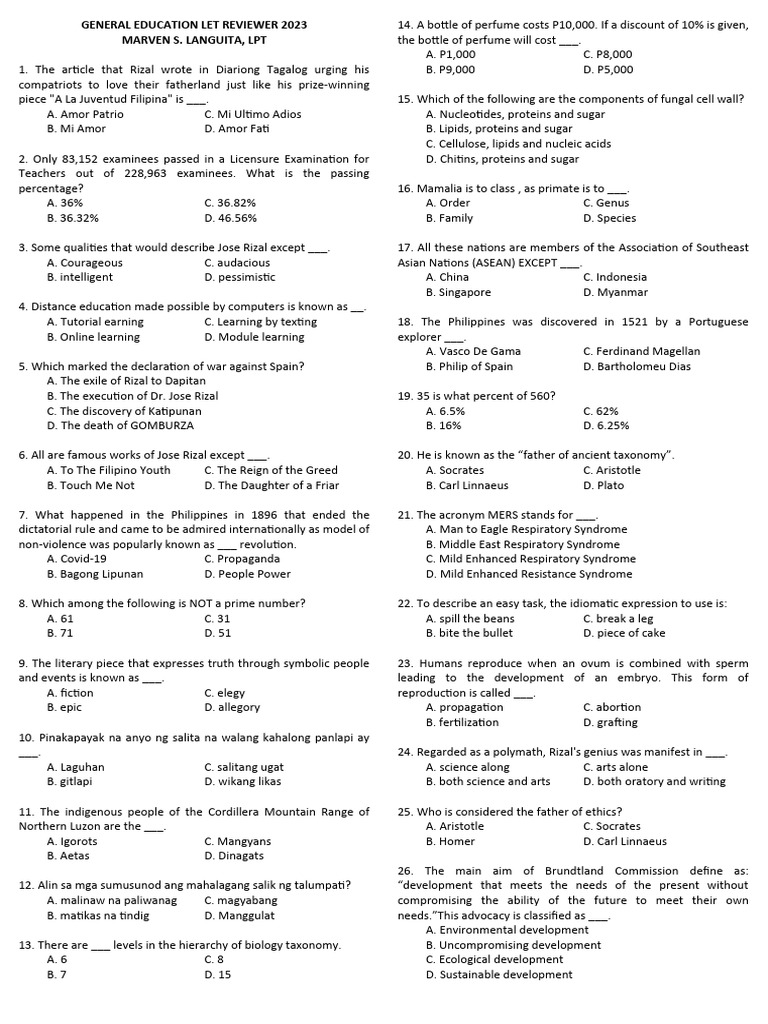 General Education Let Reviewer 2023 | PDF | Dominance (Genetics) | Ecology