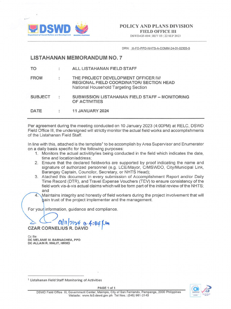 Ssion of Listahanan Field Staff Monitoring of Activities | PDF