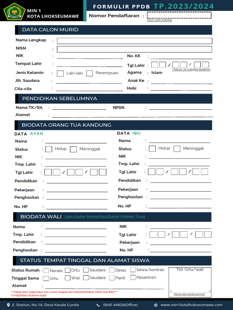 Form PPDB 2023 2024 MIN 1 Kota Lhokseumawe | PDF