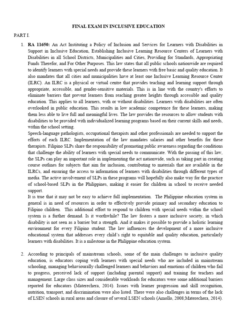 Inclusive Education Answer | PDF | Learning Disability | Inclusion ...