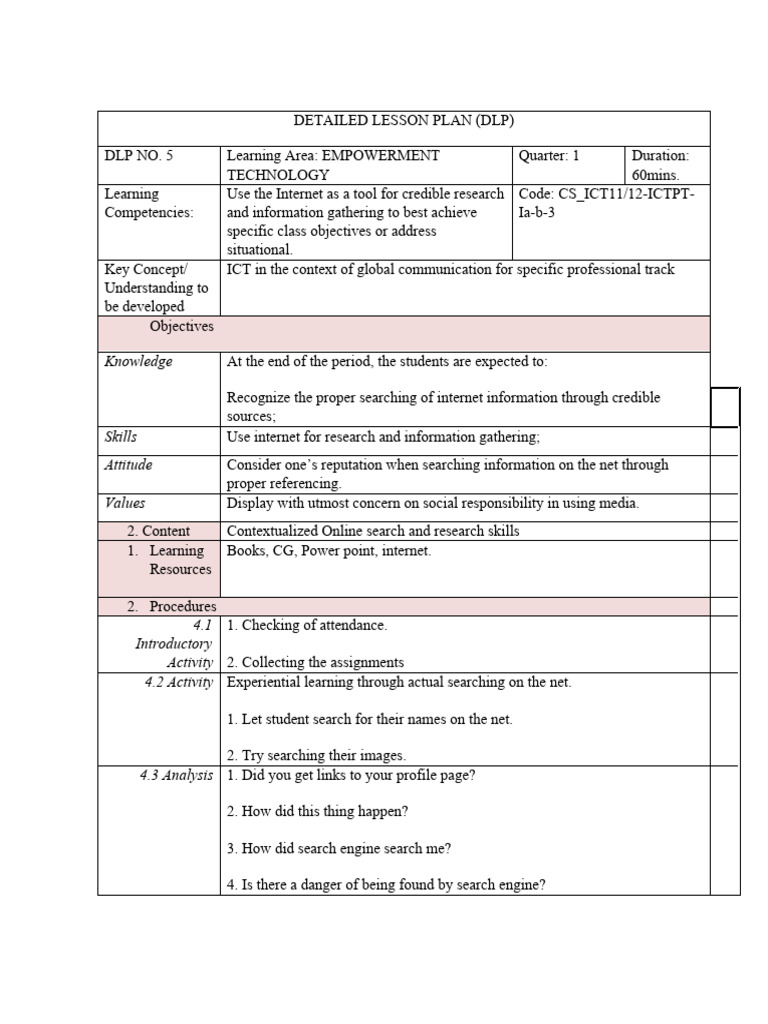 Detailed Lesson Plan 566 | PDF | Internet | Information