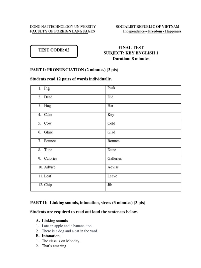 Key English 1 Final Test Guide | PDF | Human Communication | Linguistics