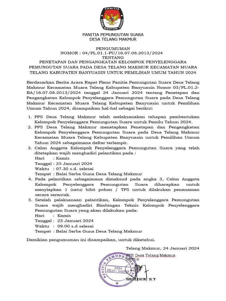 Pengumuman Penetapan Kpps Ds TL Makmur | PDF