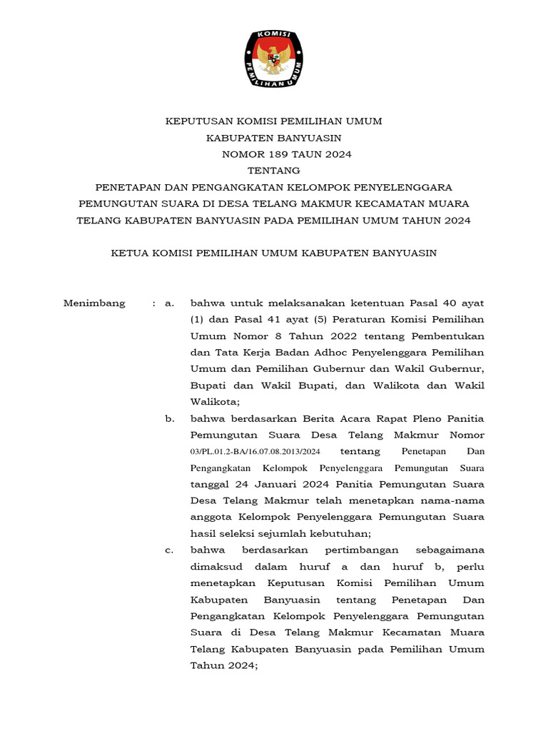 SK Penetapan KPPS DS TL Makmur | PDF