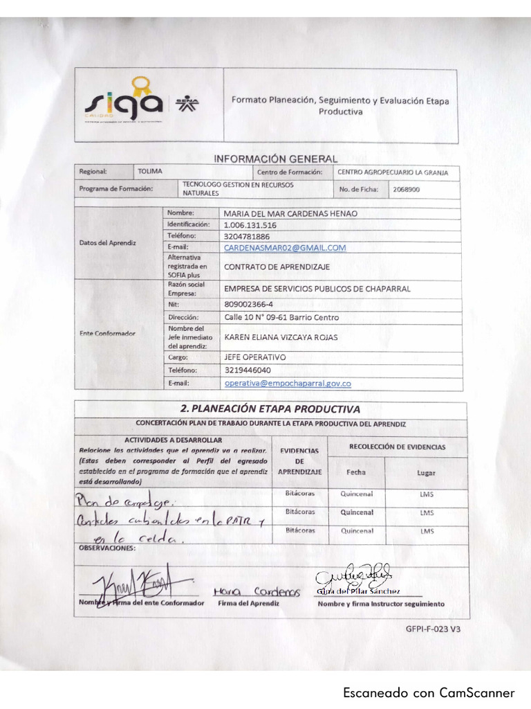 Formato de Seguimiento Etapa Productiva Maria Del Mar Cárdenas | PDF