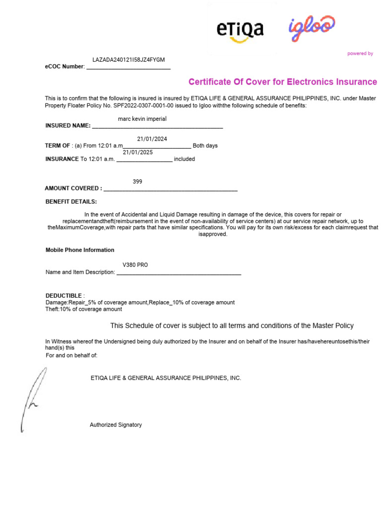 Electronics Insurance Certificate | PDF