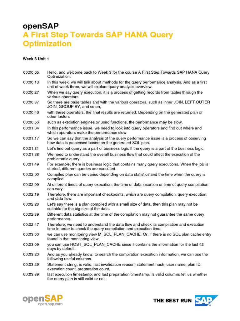 OpenSAP Hanasql1 Week 3 Transcript en | PDF | Sql | Table (Database)