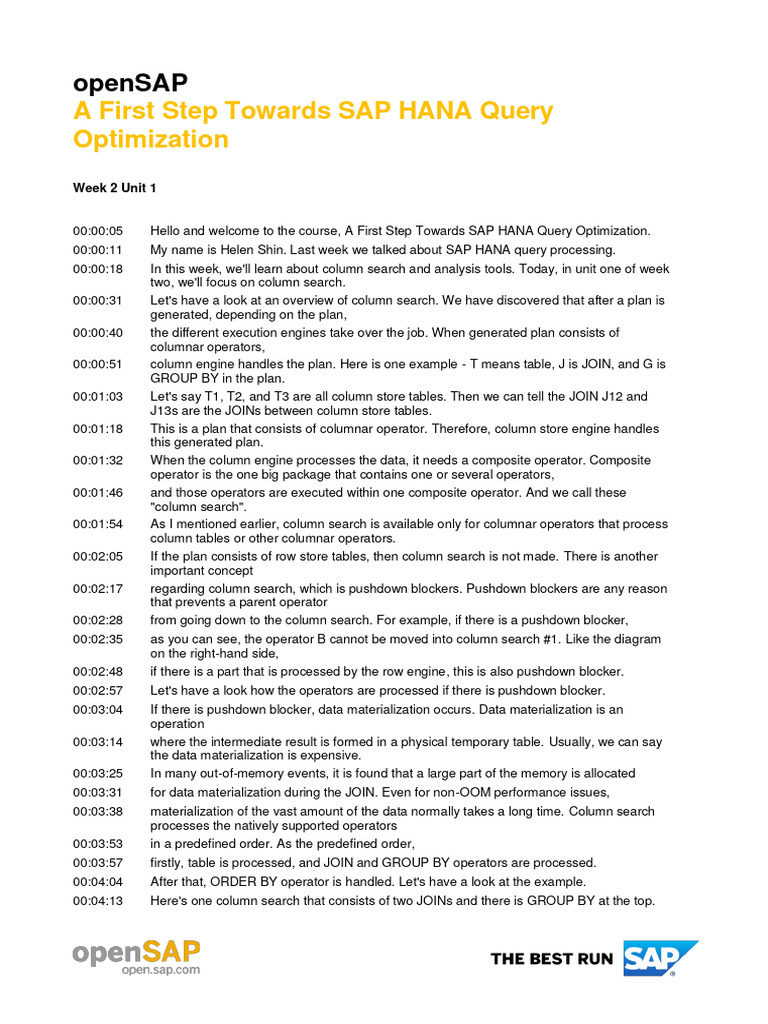 OpenSAP Hanasql1 Week 2 Transcript en | PDF | Databases | Sql