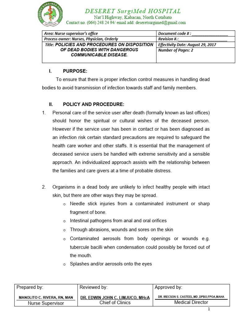 Policies Disposition of Dead Bodies | Download Free PDF | Infection ...