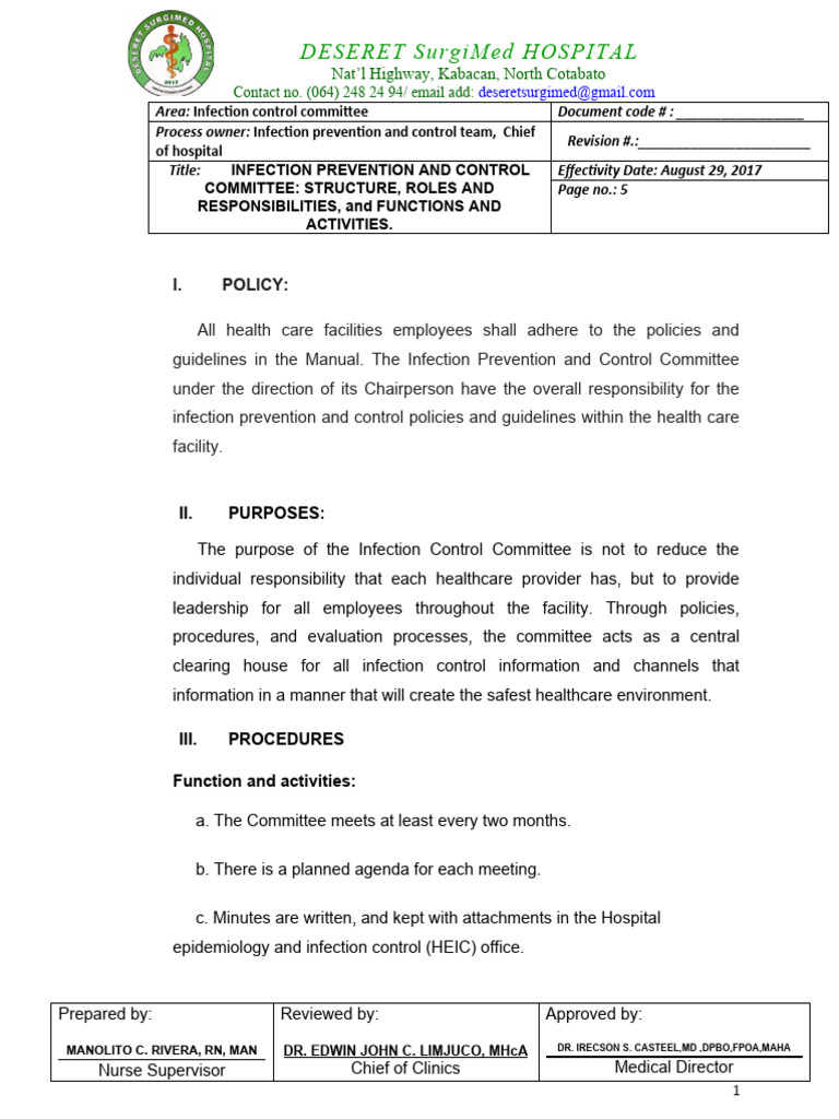 Policies Infection Control Committee Roles and Responsibilities | PDF