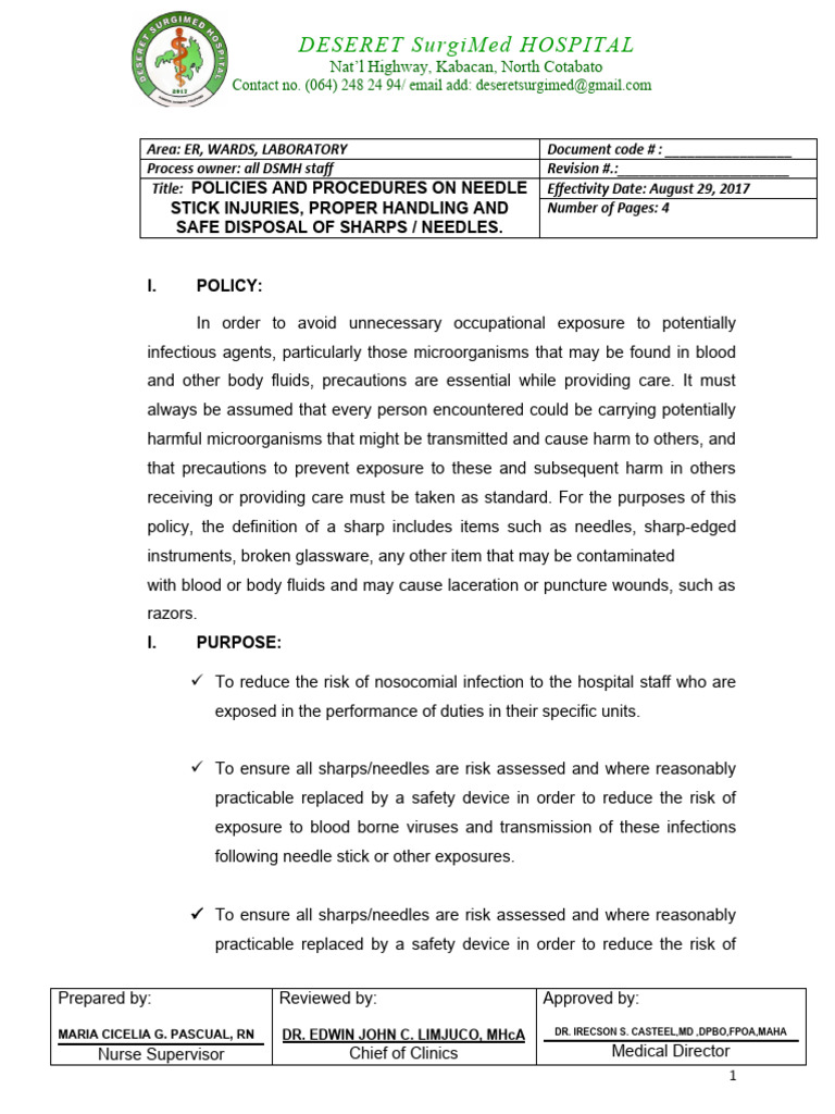 Policies Needle Stick Injuries | PDF | Medical Specialties | Medicine