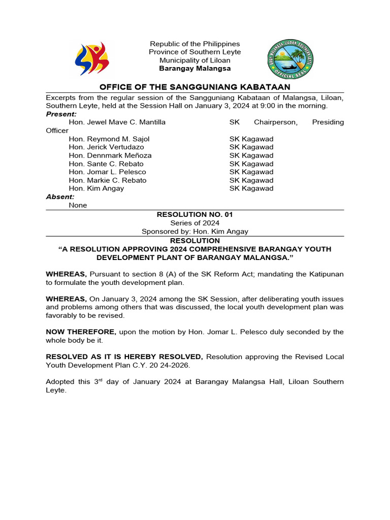 Resolution No. 1 (CBYDP) | PDF