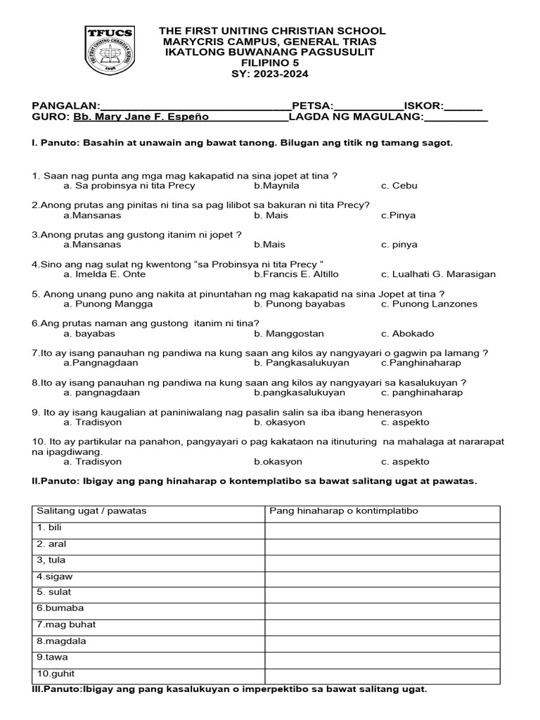 3rd MONTLY TEST TEACHER JANE | PDF 3rd MONTLY TEST TEACHER JANE | PDF